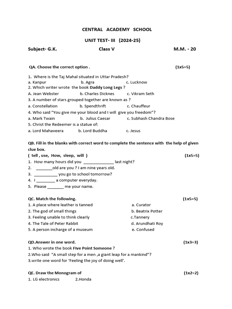 Class 5 G.K. ( 2024-25) UT 3 | PDF