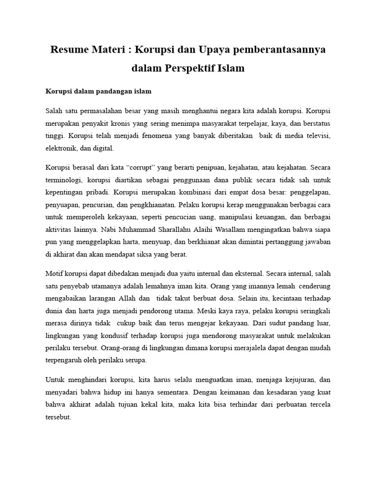 Resume Materi - Korupsi dan Upaya pemberantasannya dalam Perspektif Islam | PDF