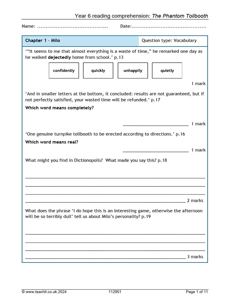 The Phantom Tollbooth Year 6 Reading Comprehension Worksheet 112951 (1 ...
