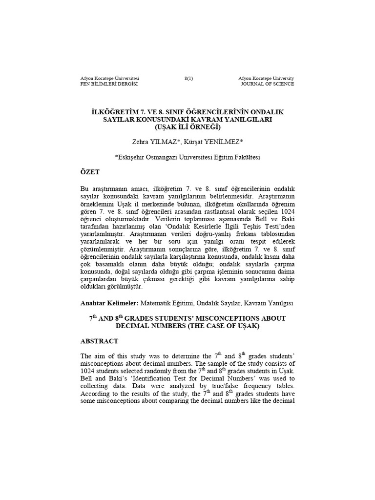 Lk Ret m 7. Ve 8. Sinif Renc Ler n n Ondalik Sayilar Konusundak Kavram Yanilgilari (u Ak l Rne ...