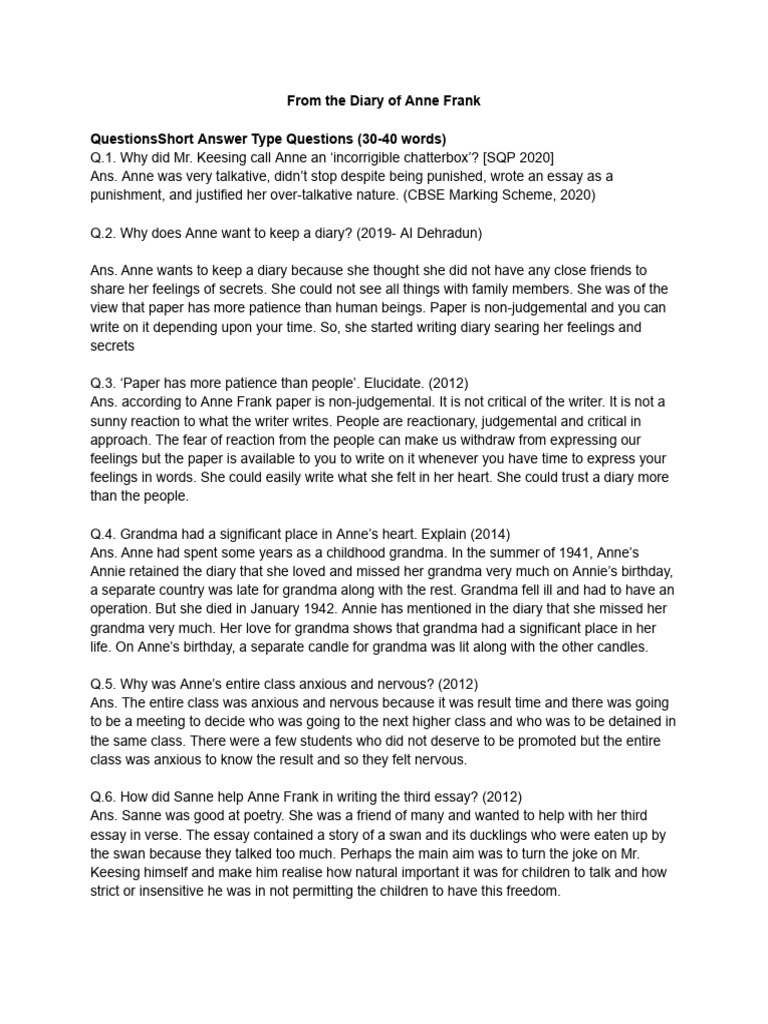 From the Diary of Anne Frank. QA | PDF | Essays