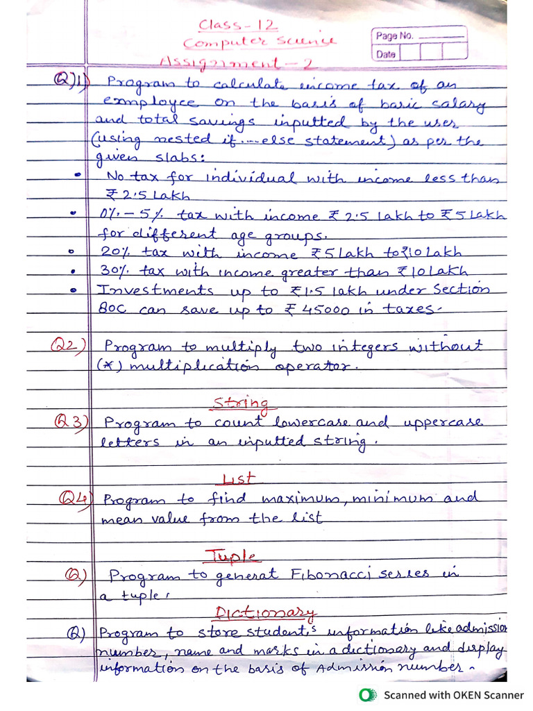 Class 12- Assignment 2- Introduction of Python | PDF