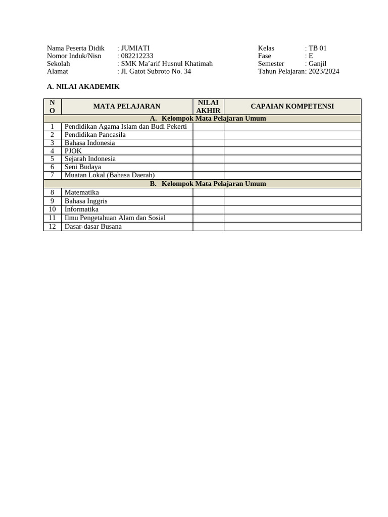 Format Raport Kurikulum MerdekaBaru | PDF