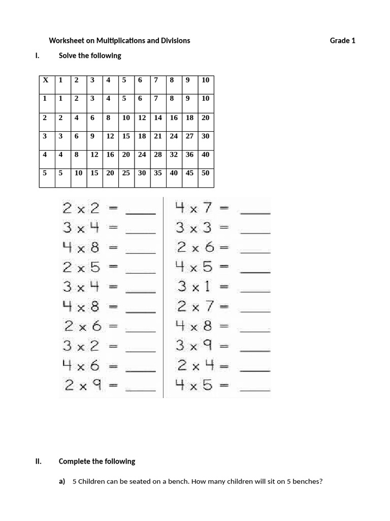 Worksheet on Multiplications and Divisions Grade 1 | PDF