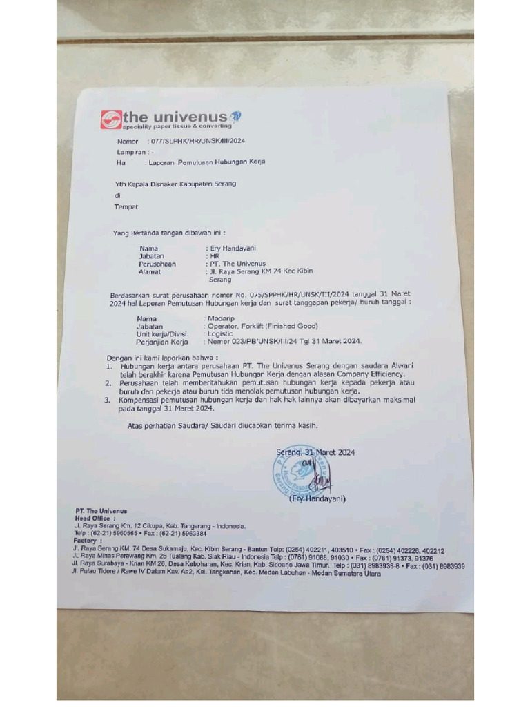 Surat PHK ke Disnaker | PDF