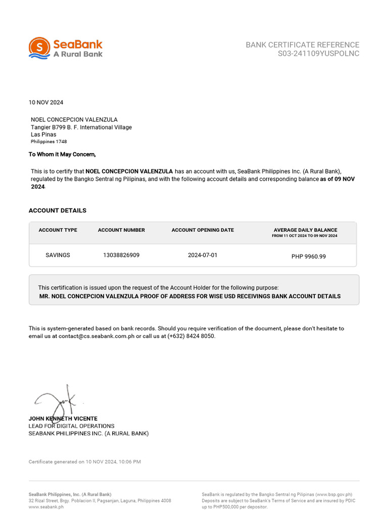 Bank Certification Noel Concepcion Valenzula | PDF
