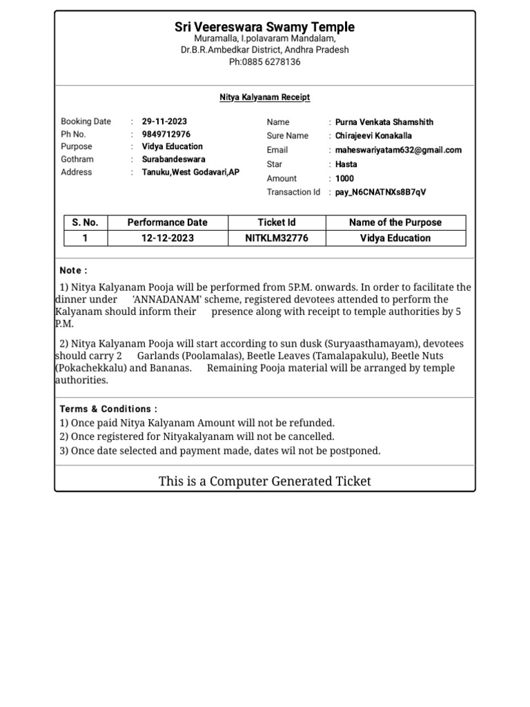 Nitya Kalyanam Ticket | PDF