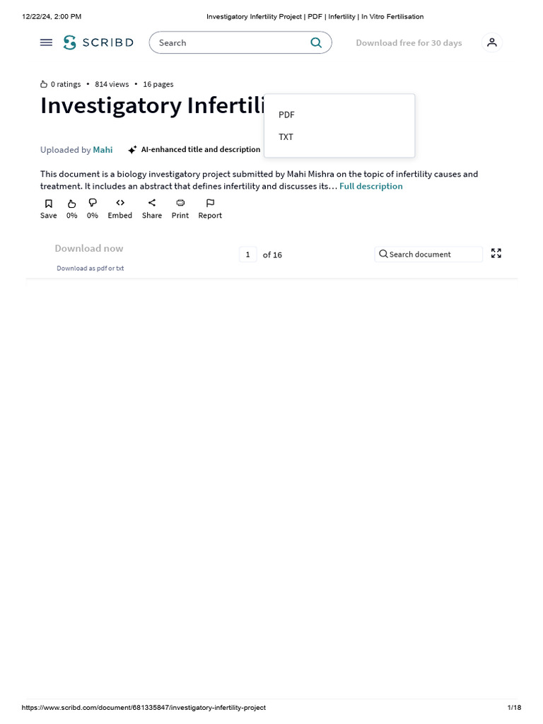 Investigatory Infertility Project - PDF - Infertility - in Vitro Fertilisation | PDF | Scribd ...