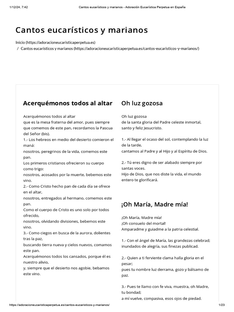 Cantos Eucarísticos y Marianos - Adoración Eucarística Perpetua en España | PDF | María, madre ...