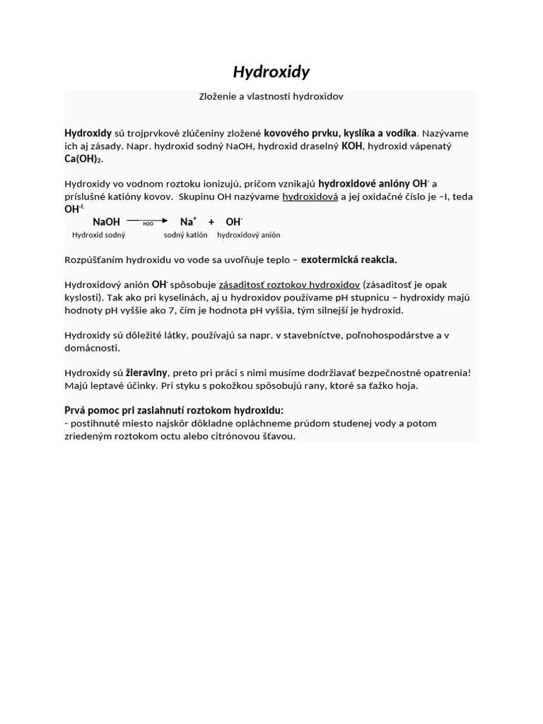 Hydroxidy - Poznámky | PDF