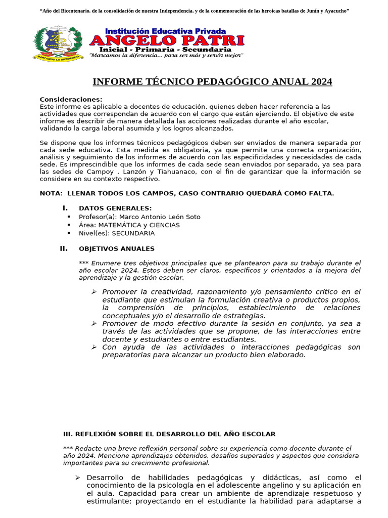 INFORME TÉCNICO PEDAGÓGICO ANUAL 2024 FINAL ZARATE | PDF | Aprendizaje | Maestros