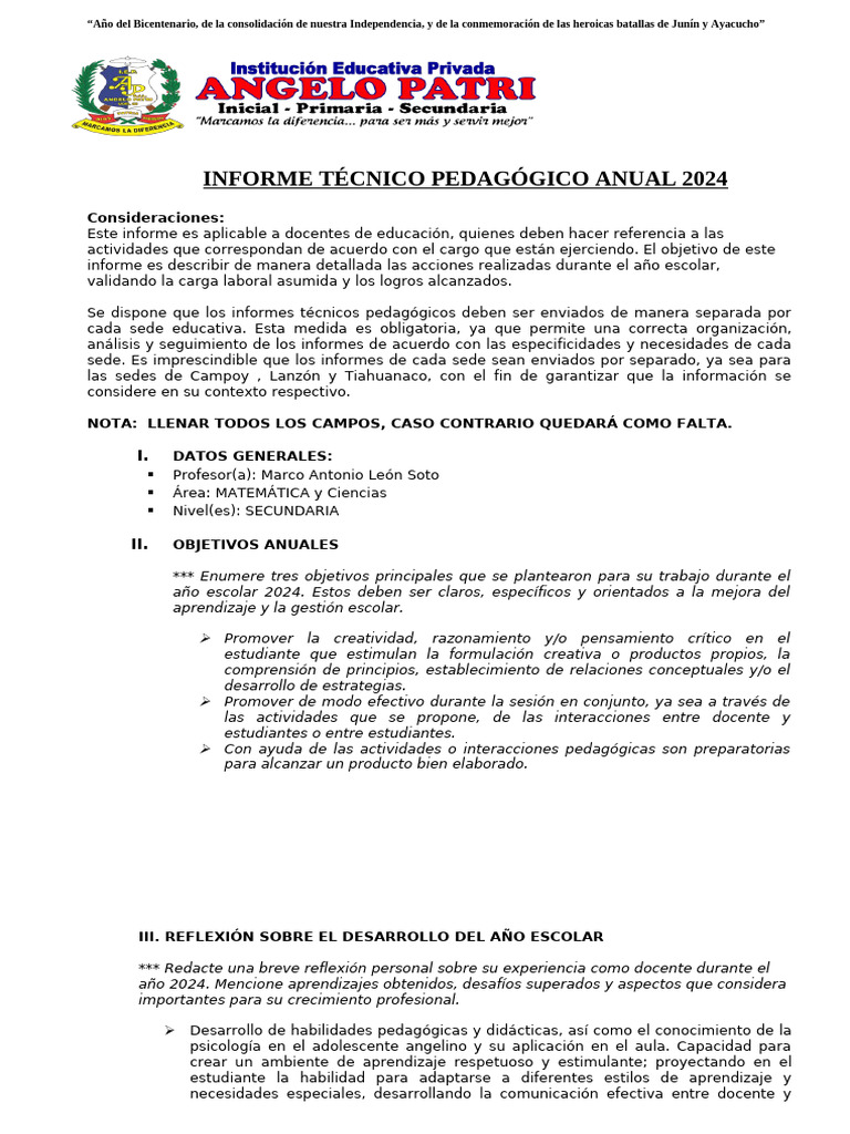 INFORME TÉCNICO PEDAGÓGICO ANUAL 2024 FINAL CAMPOY | PDF | Aprendizaje | Maestros
