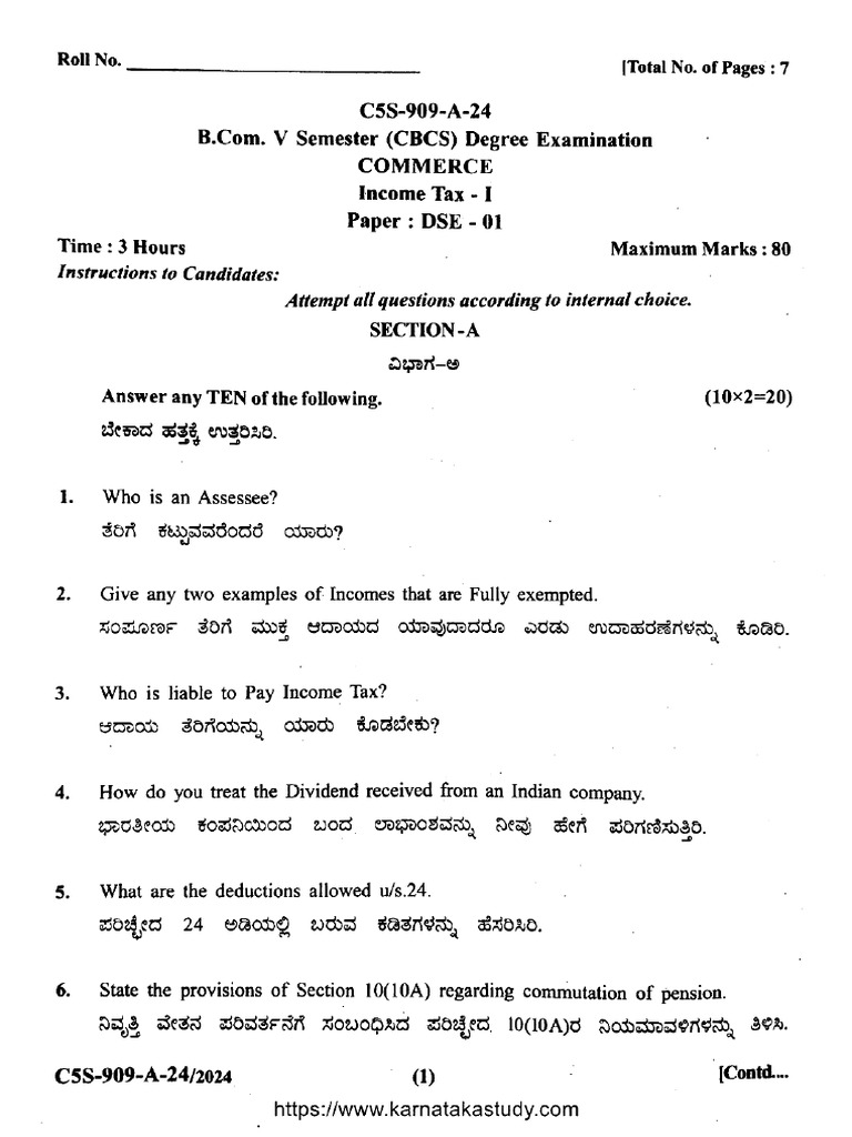 Bcom 5 Sem Commerce Income Tax 1 c5s 909 a 2024 | PDF