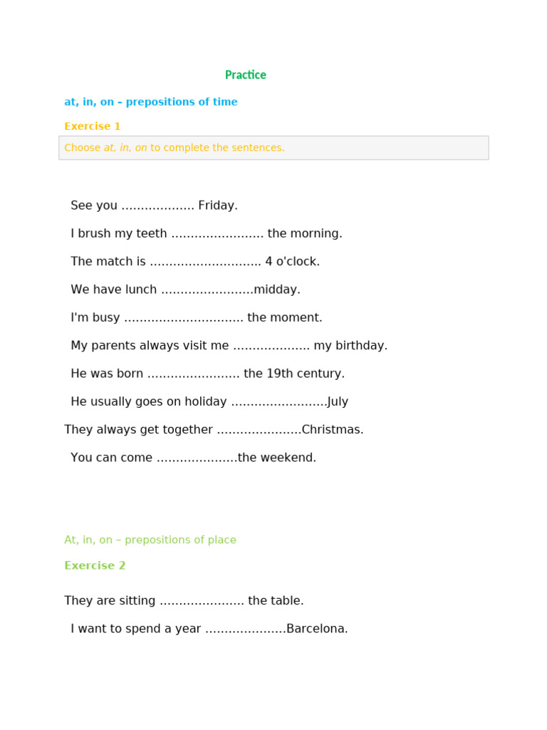 Prepositions Practice | PDF
