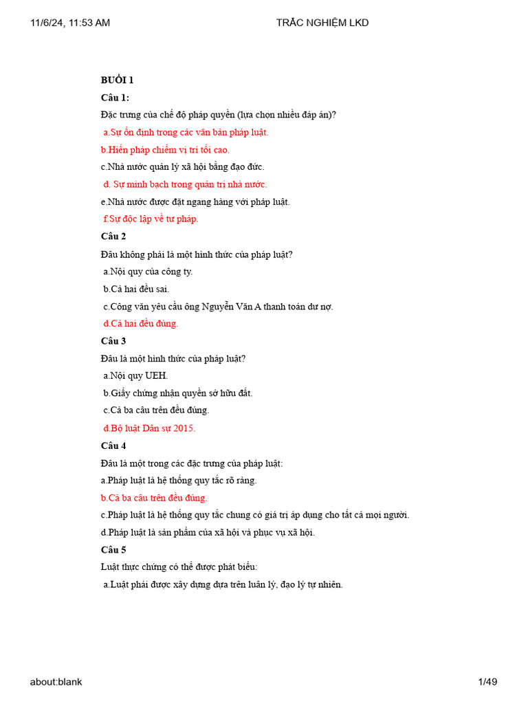 TRẮC NGHIỆM LKD | PDF