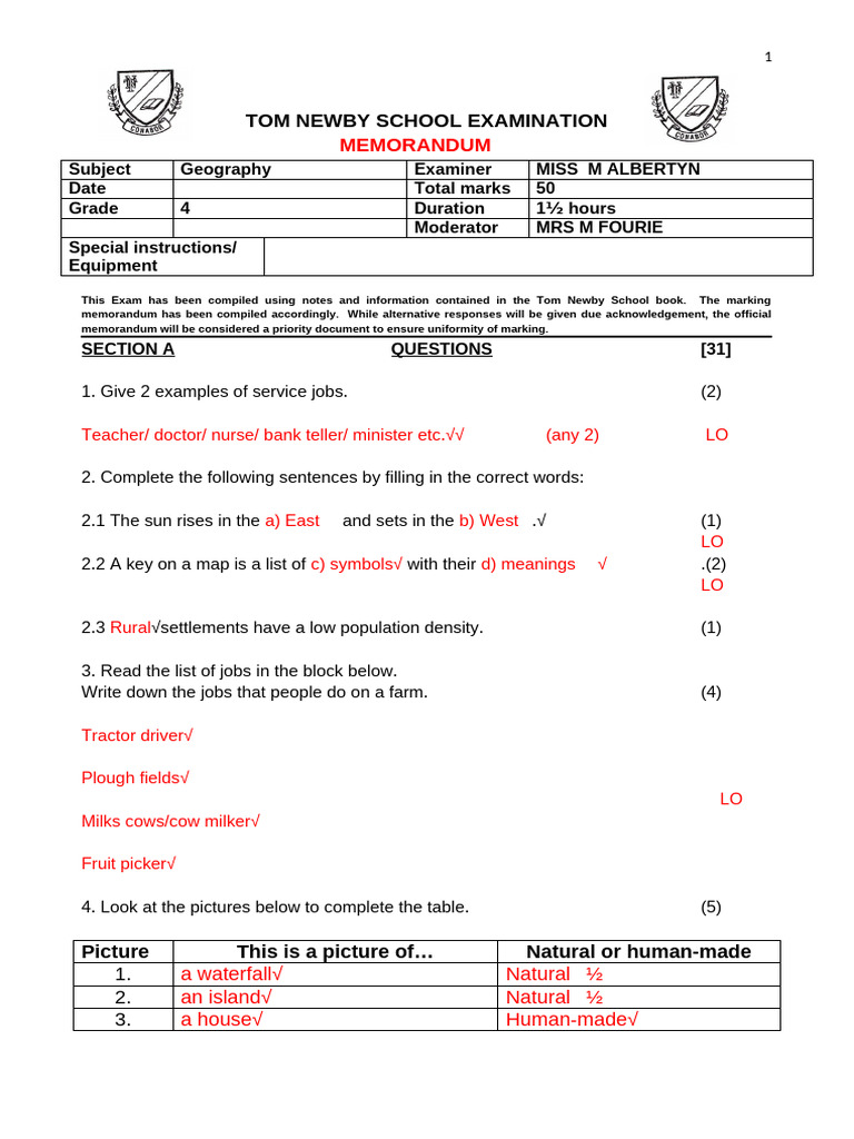 Grade 4 Geography Exam Memorandum | PDF