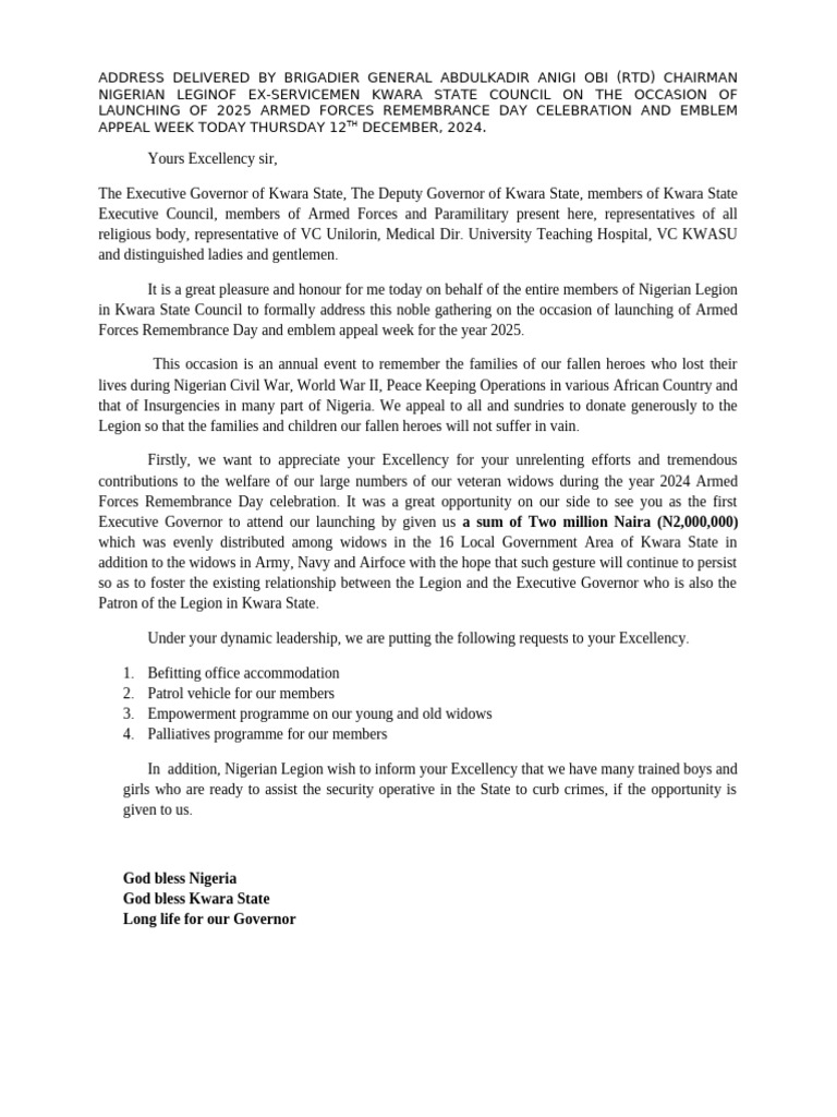 Address Delivered by Brigadier General Abdulkadir Anigi Obi | PDF ...