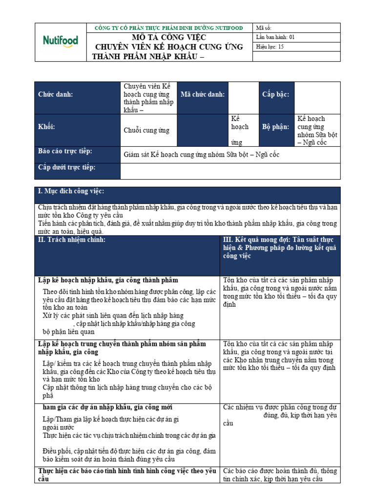 NTF-SPL-JD220009 - MTCV Chuyen Vien KHCU Thanh Pham Nhap Khau - Gia Cong | PDF