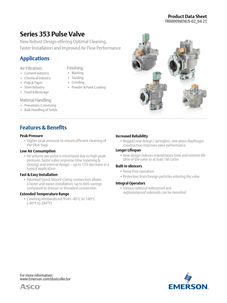 Series 353 Pulse Valve Features & Benefits | PDF | Valve | Filtration