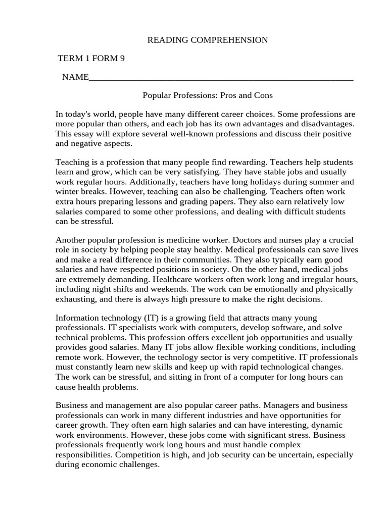 READING COMPREHENSION TEST 1 FORM 1 | PDF | Teachers | Health Professional