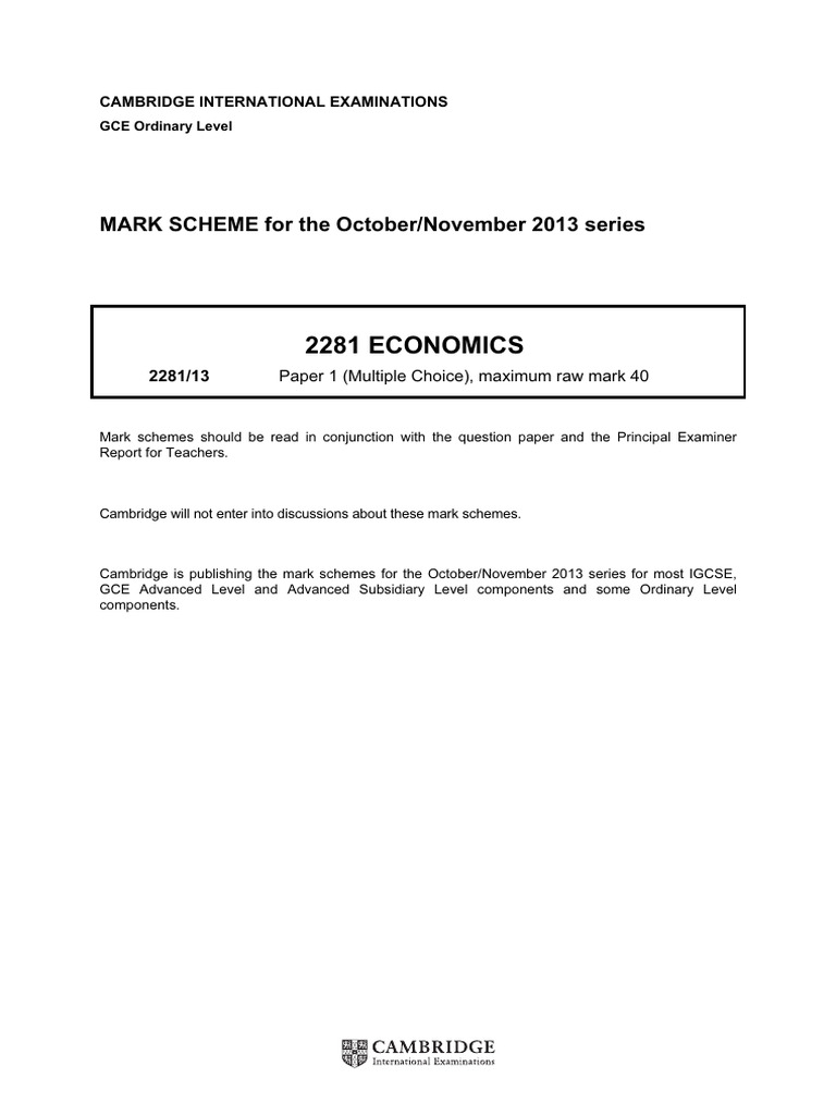 GCE O Level Economics Mark Scheme 2013 | PDF