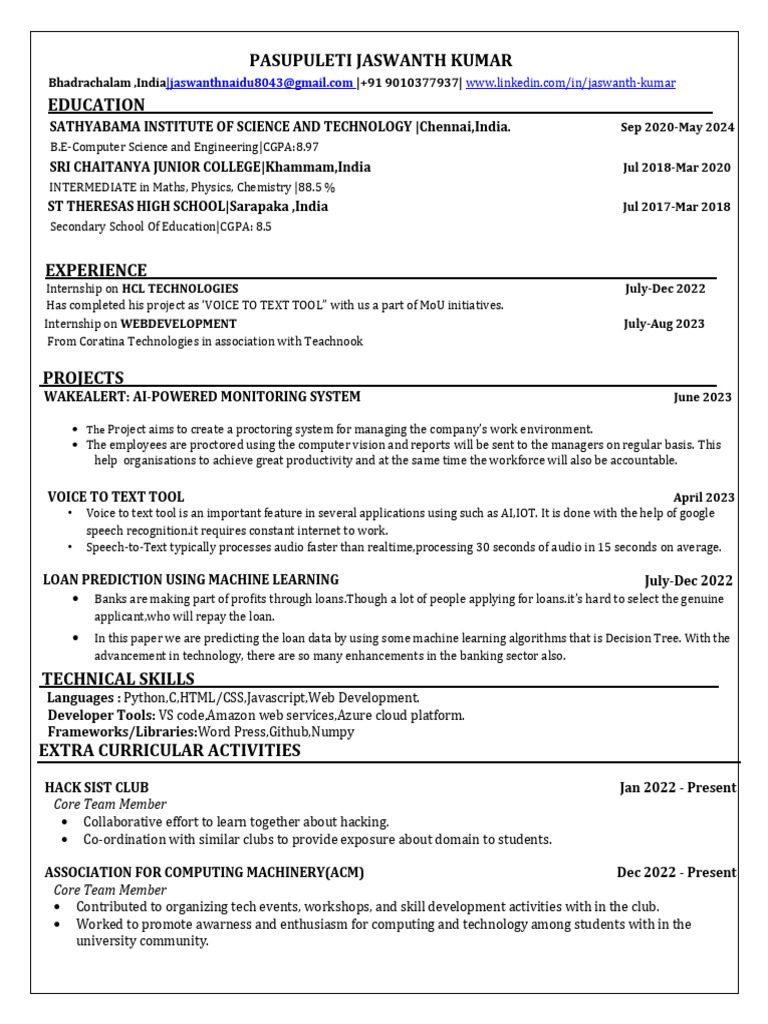 Pasupuleti Jaswanth Kumar's CV | PDF | Web Development | Computing