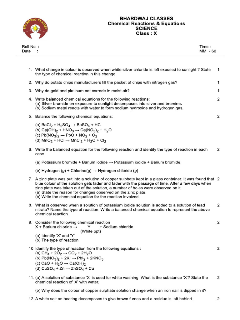 chemical reactions sheet | PDF