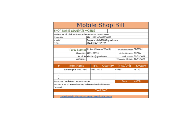 Mobile Shop Bill Format in Word | PDF