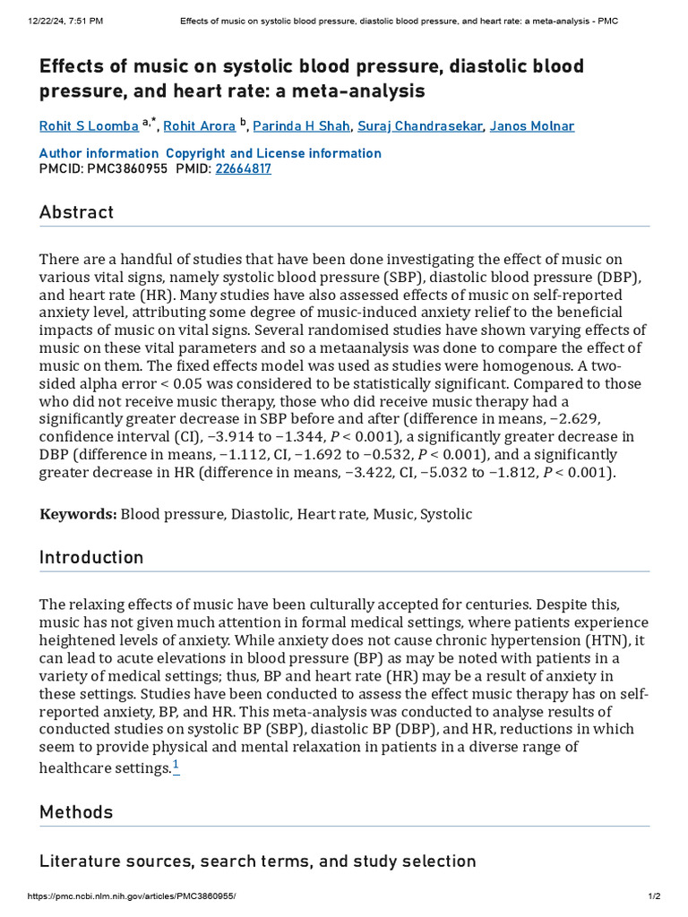 Effects of Music On Systolic Blood Pressure, Diastolic Blood Pressure ...