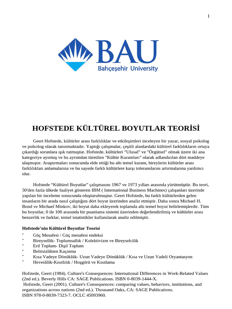 Hofstede Kültürel Boyutlar Teori̇si̇ | PDF