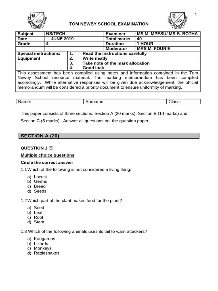 Grade 4 NS Tech Exam June 2019 | PDF | Water | Water Vapor