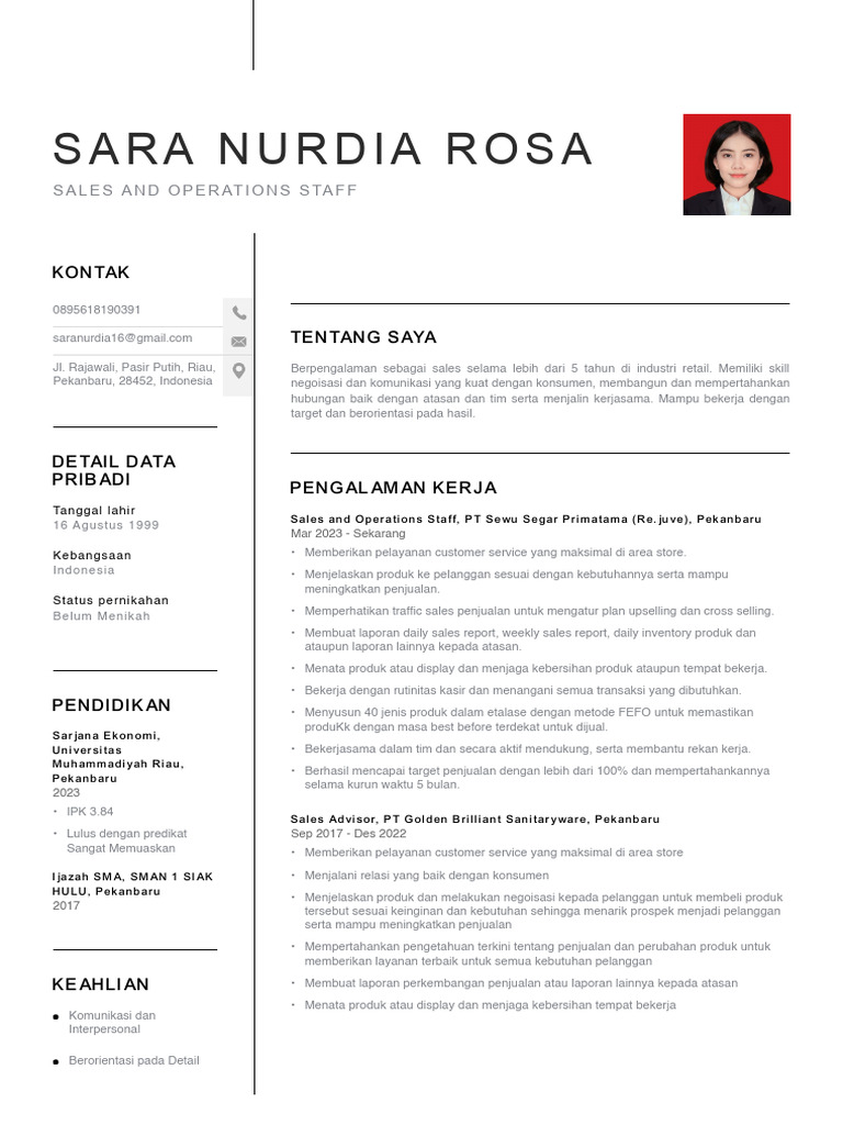 CV Sara Nurdia Rosa - Medical Representative | PDF