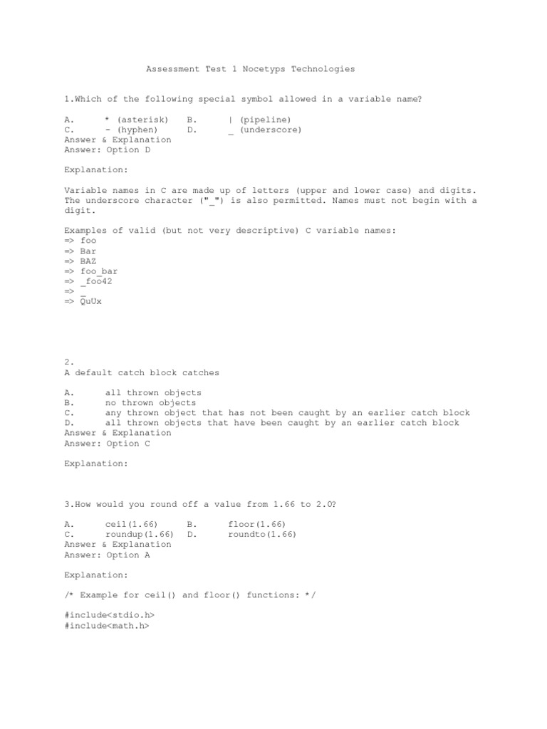 C Assessment Test Overview | PDF | C (Programming Language) | Control Flow