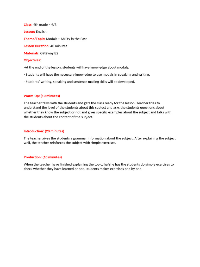 Lesson Plan Modals | PDF