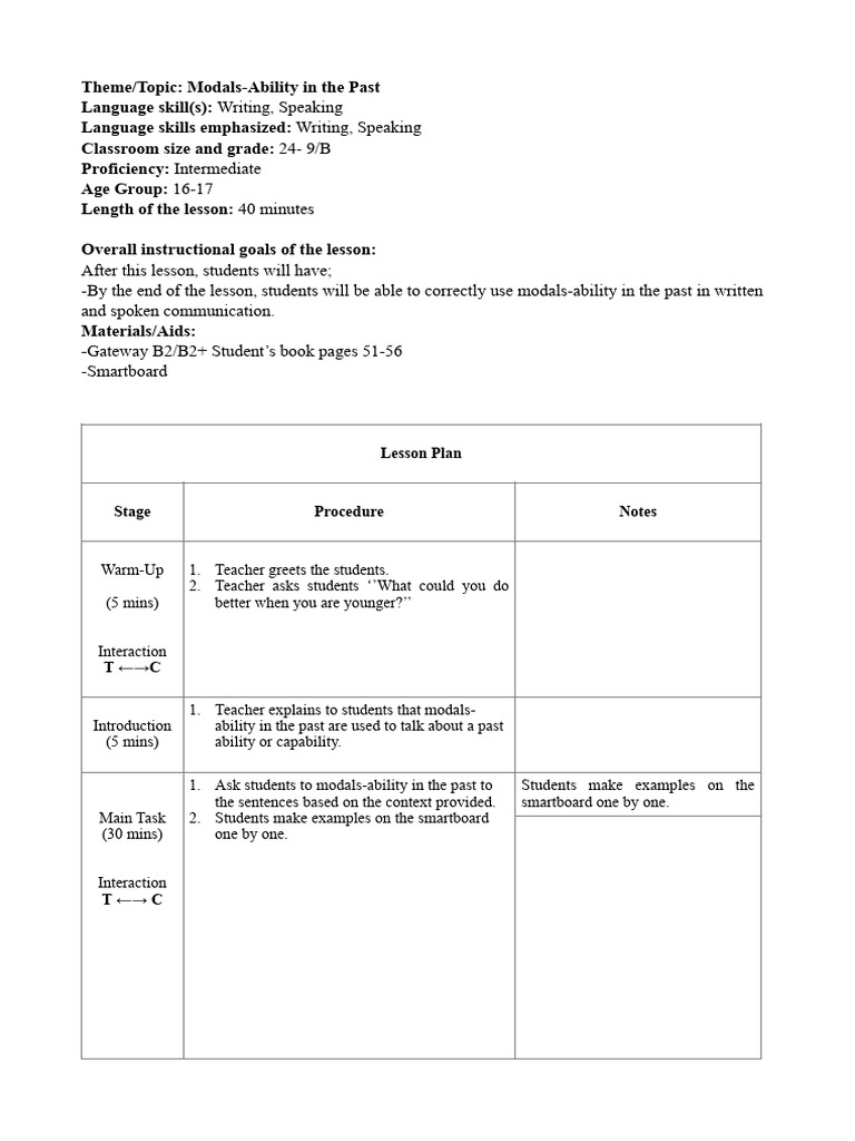 LESSON PLAN MODALS-ABILITY IN THE PAST | PDF