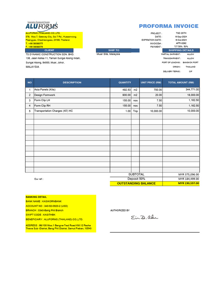 Proforma Invoice Thai 292-1 TSDynamic 2STH USD | PDF