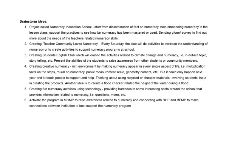 Brainstorm Idea of School Numeracy Program | PDF