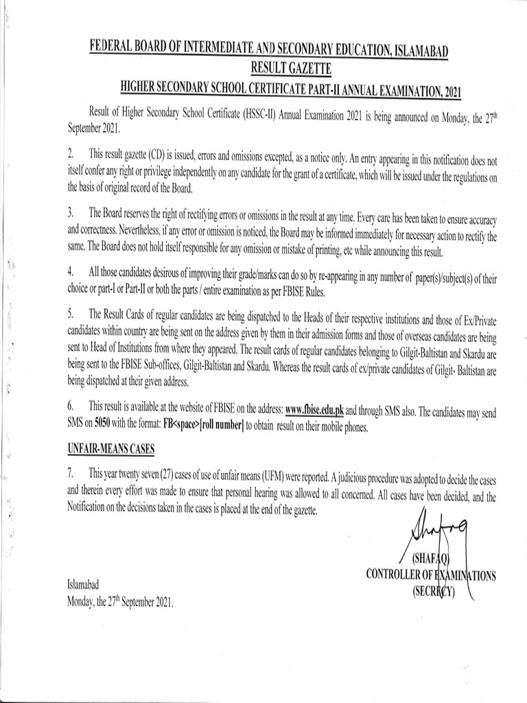 Fbise Inter Part II Result Gazette 2021 | PDF | Justice | Crime & Violence