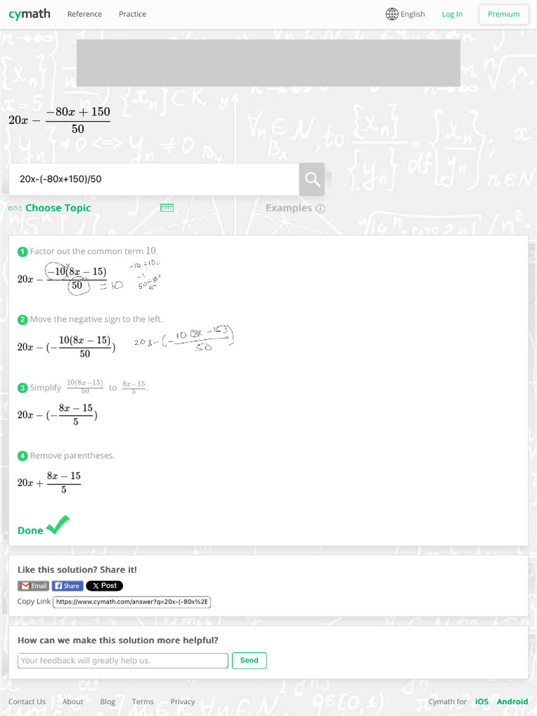 20x - (-80x+150) 50 - Answer Math Problem Solver - Cymath | PDF