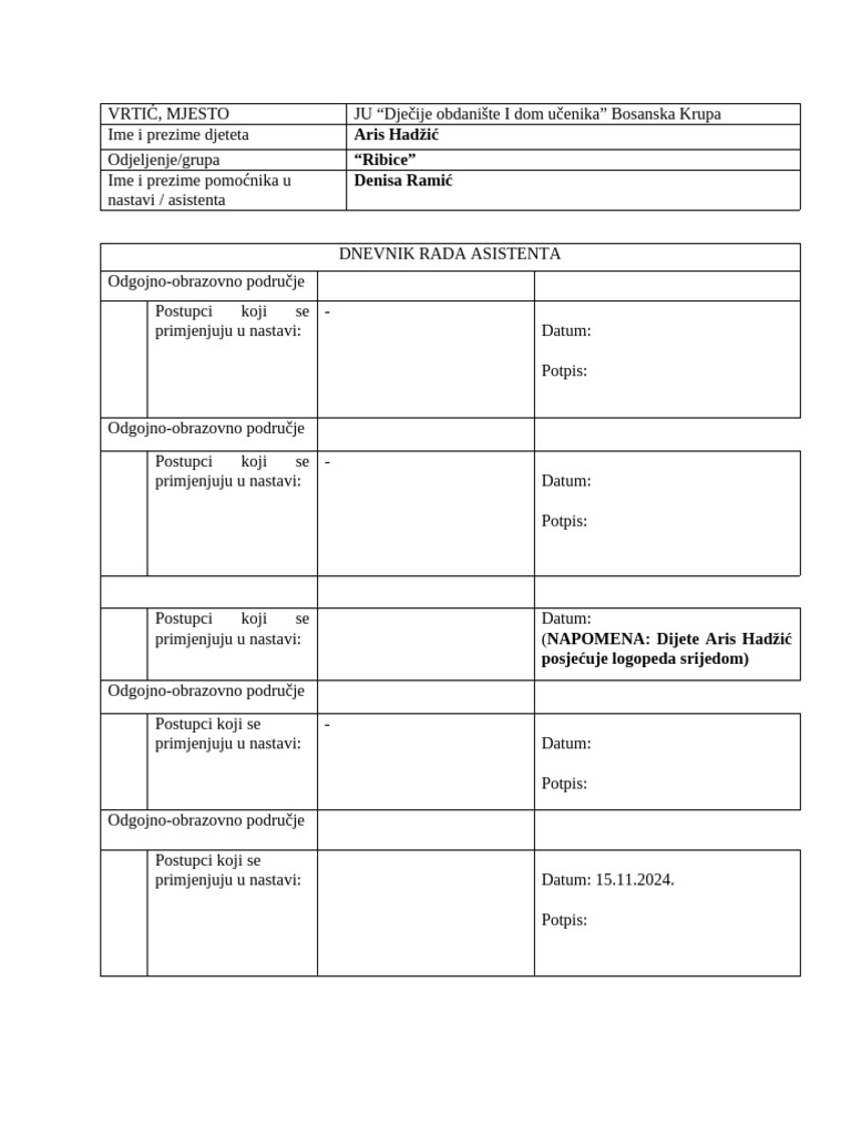 Dnevnik Rada Asistenta | PDF