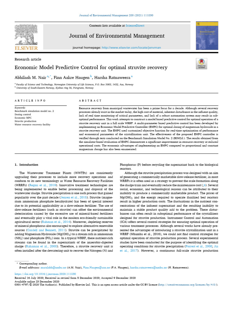 Economic Model Predictive Control for Optimal Struvite Recovery | PDF ... Economic Model Predictive Control for Optimal Struvite Recovery | PDF ...