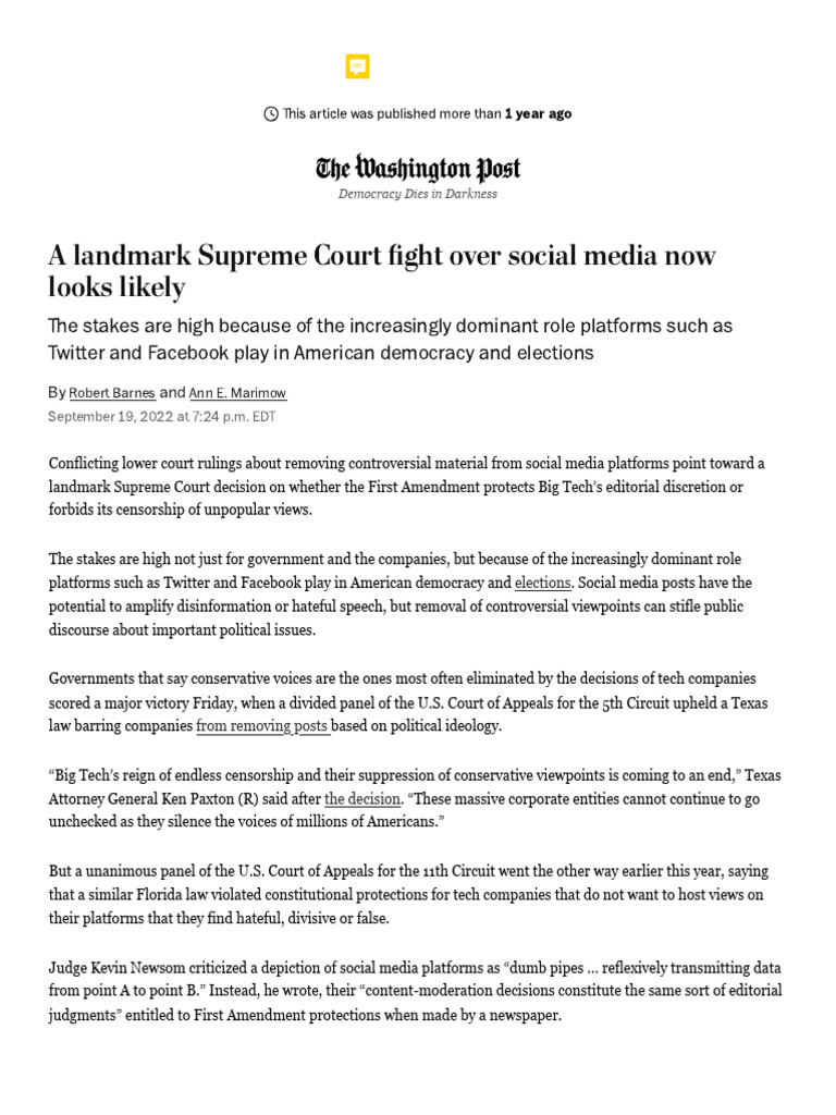 Supreme Court's Social Media Censorship Debate | PDF | First Amendment ...