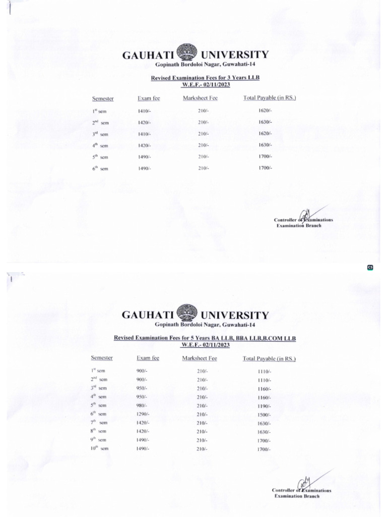 Revised Exam Fees LLB 4-12-23 | PDF