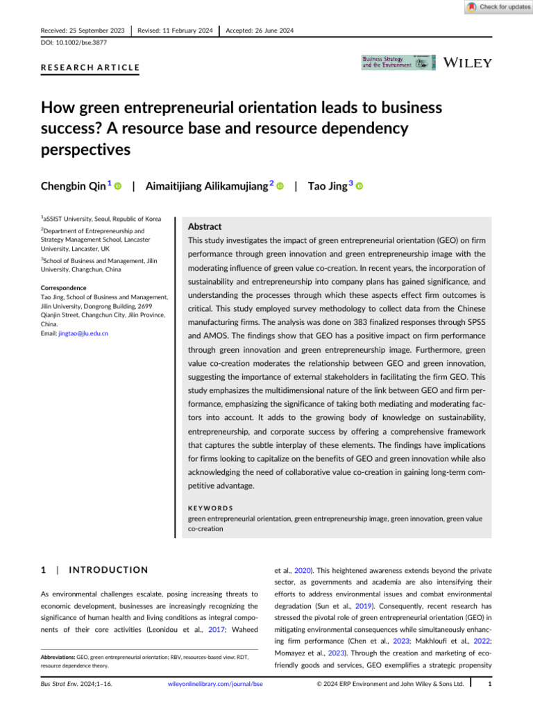 Bus Strat Env - 2024 - Qin - How Green Entrepreneurial Orientation Leads to Business Success a ...