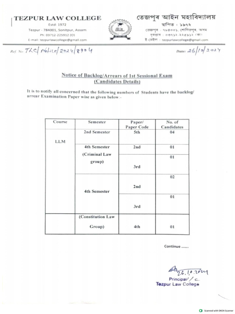 Notice for Backlog-arrear Examination | PDF