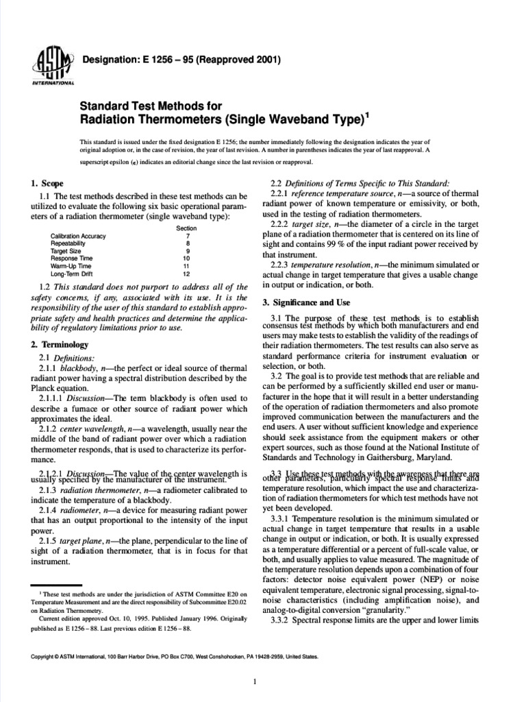 ASTM E1256 Test Methods for Thermometers | PDF | Thermometer | Temperature