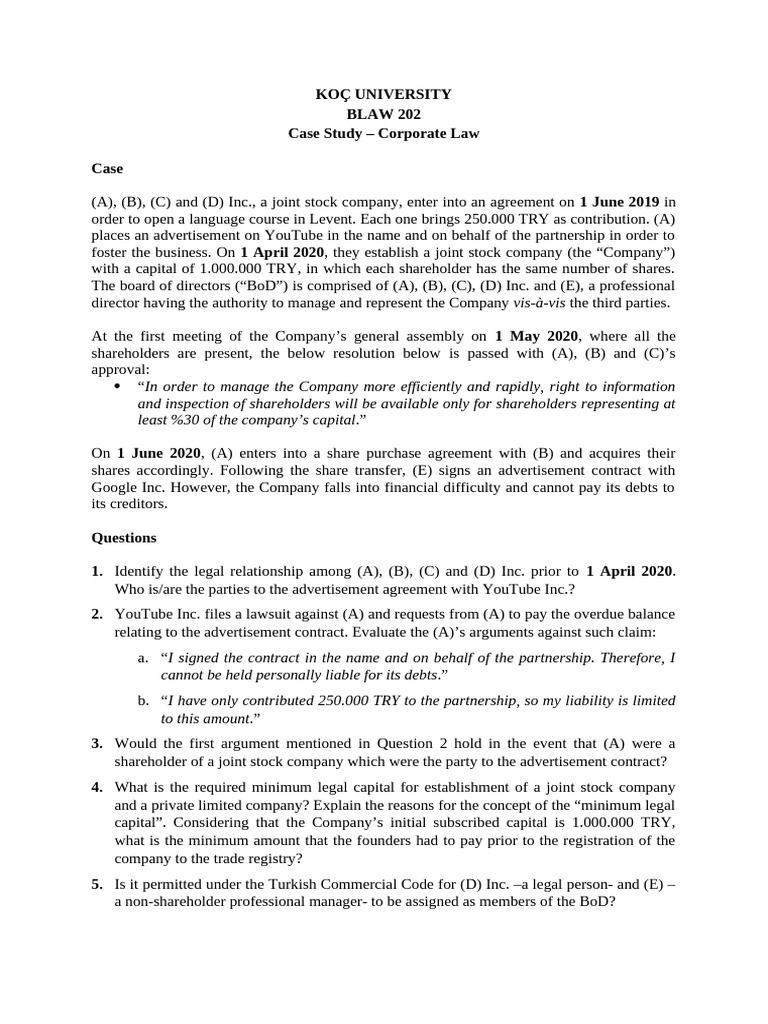 5 Case study ABC - Corporate Law I - Revised | PDF | Joint Stock ...
