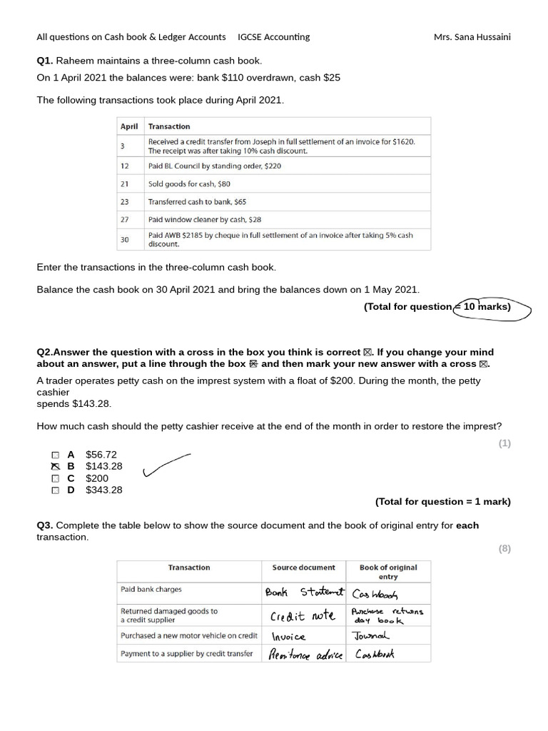 Cashbook and T-Accounts Qs | PDF | Balance Sheet | Cash