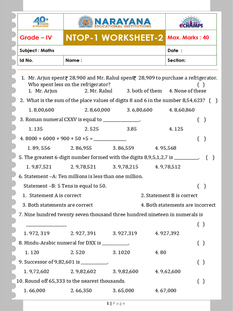 Grade IV NTOP Maths Worksheet 2 | PDF | Subtraction | Mathematical Objects