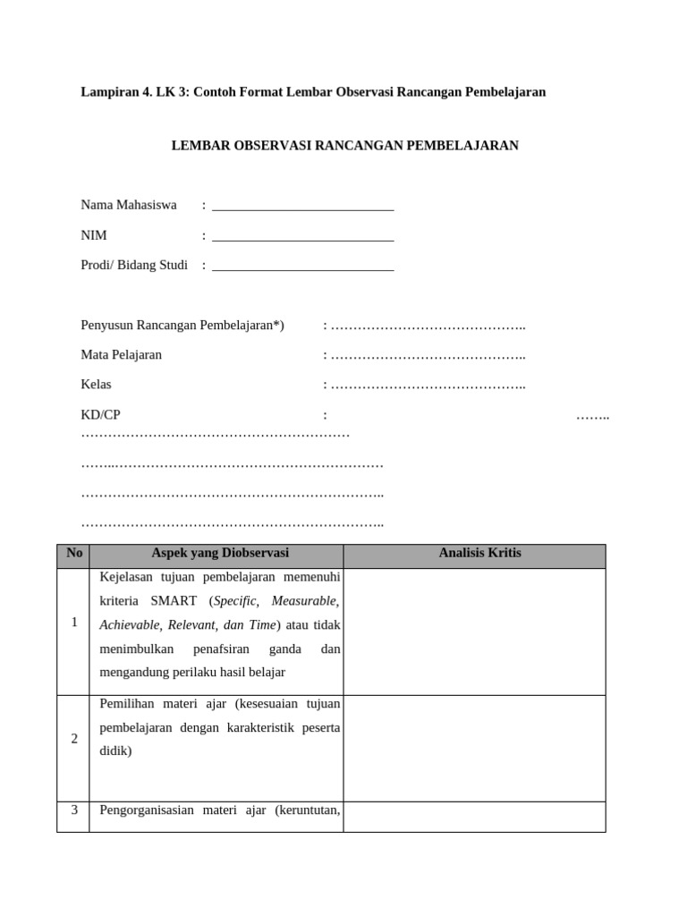 Lampiran 4. LK 3 Contoh Format Lembar Observasi Rancangan Pembelajaran | PDF